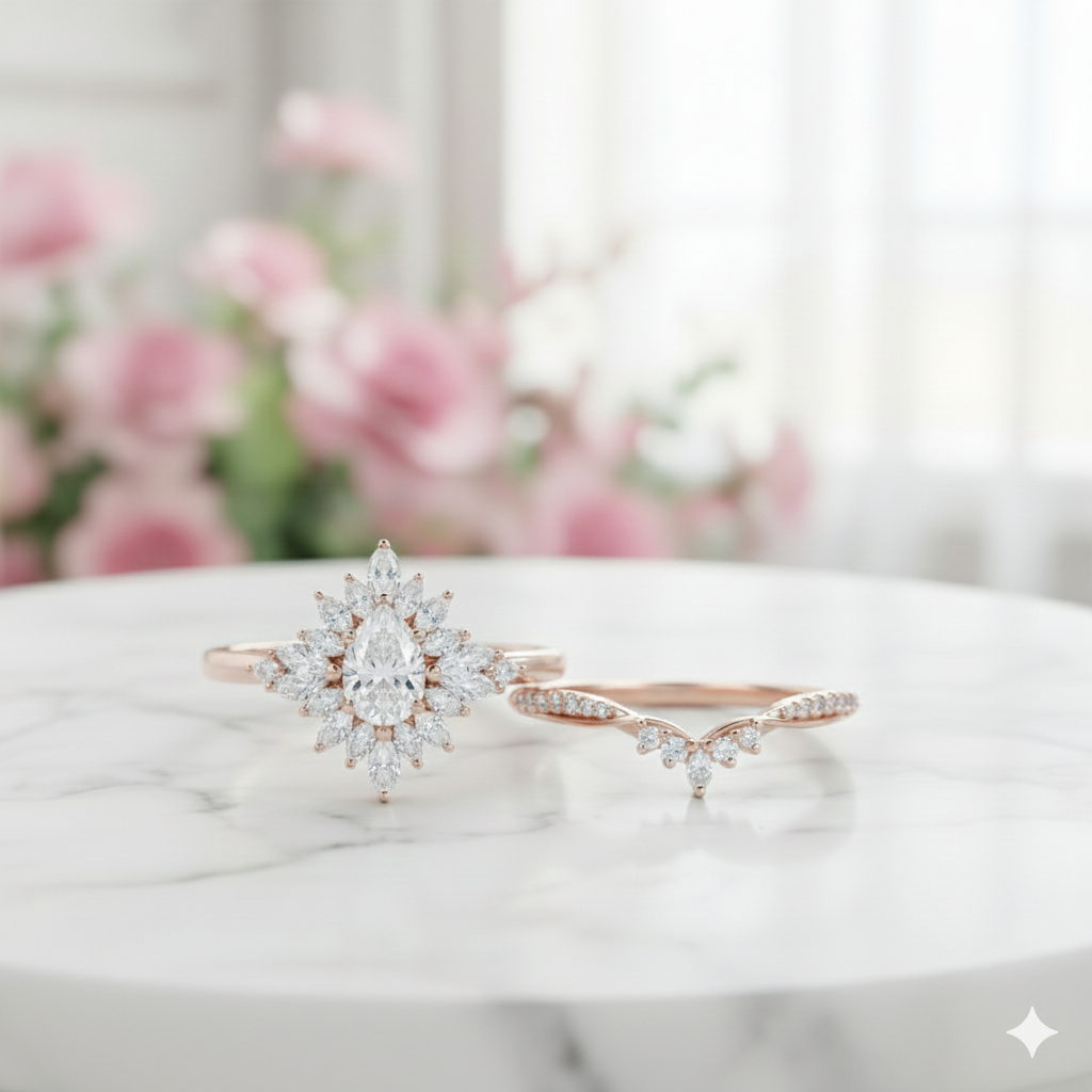1.70 Ct Pear Cut Moissanite Bridal Ring Set • Marquise Halo Engagement ...