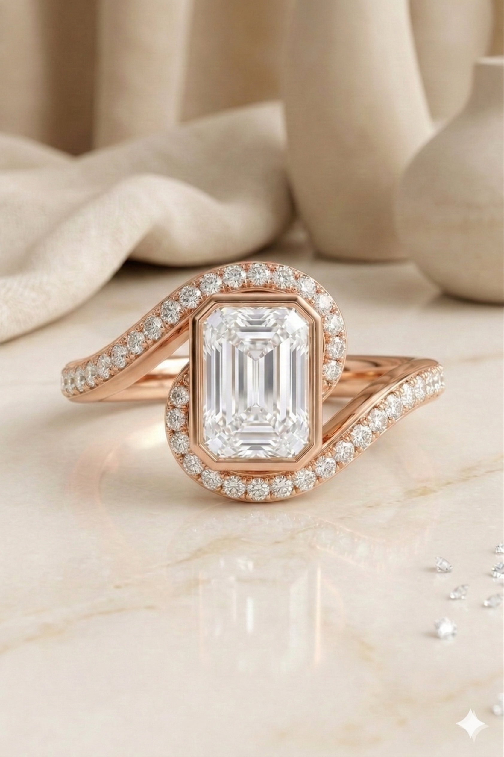 2.300ct Emerald Cut Moissanite Engagement Ring, Halo Wrap Ring ...