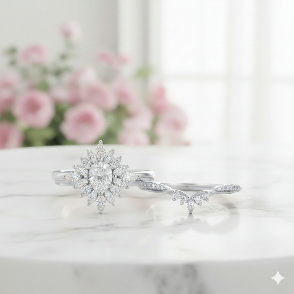 1.80 Ct Pear Cut Moissanite Bridal Ring Set • Sunburst Halo Engagement ...
