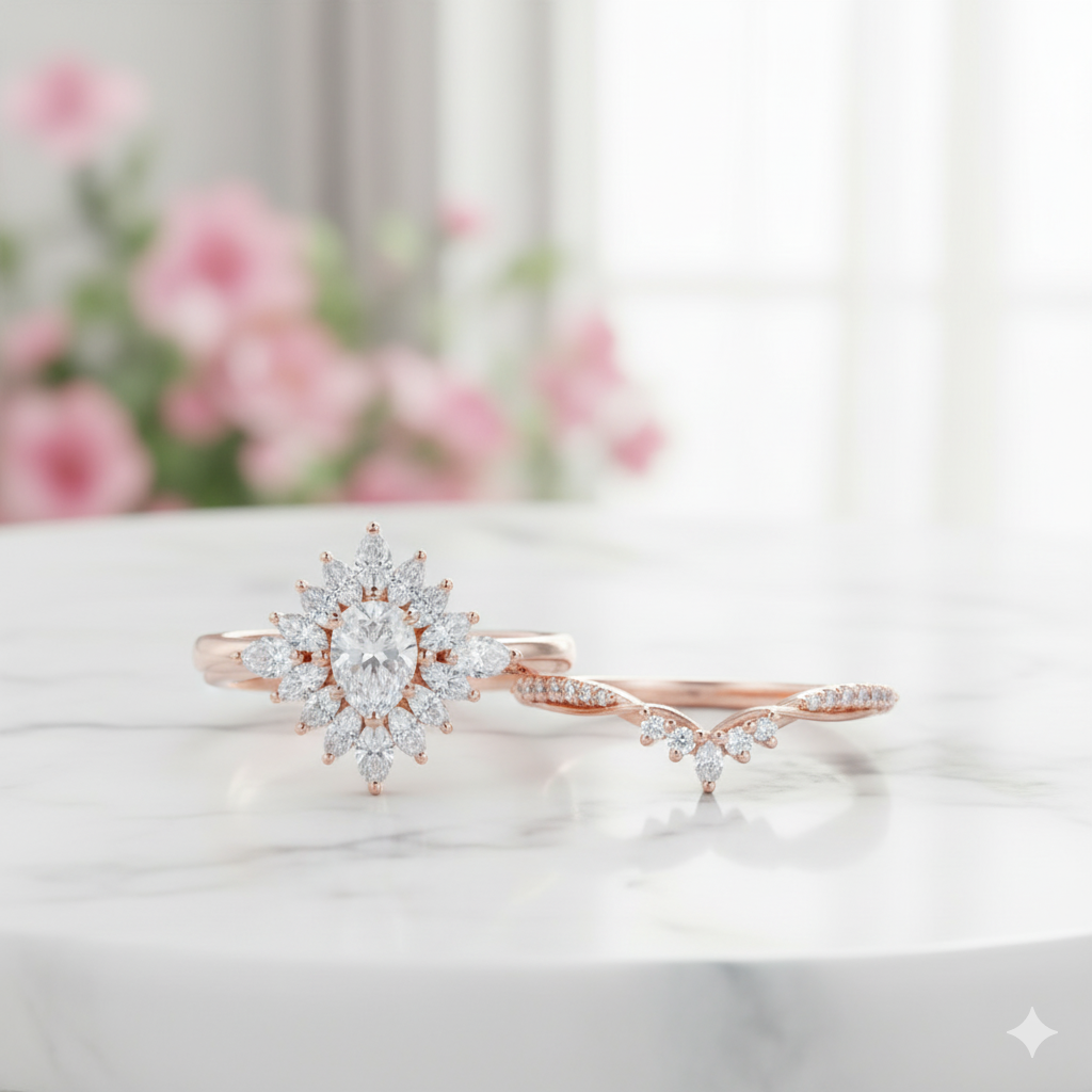 1.80 Ct Pear Cut Moissanite Bridal Ring Set • Sunburst Halo Engagement ...